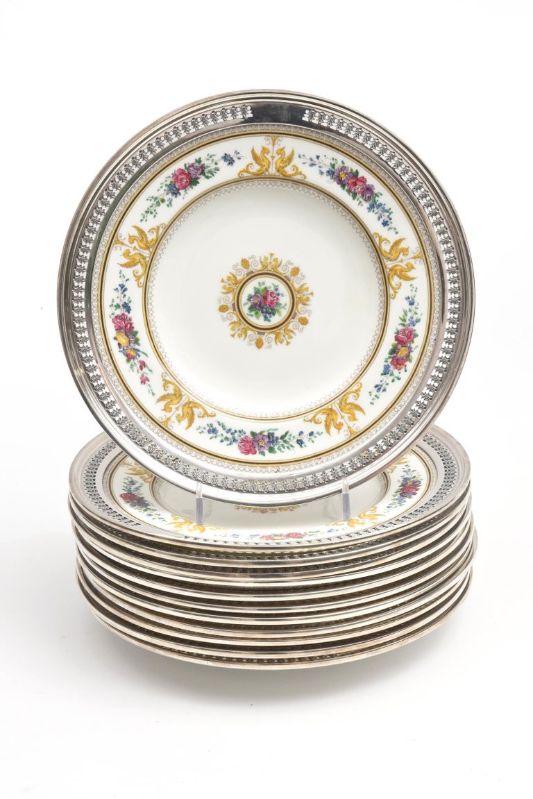 Wedgwood Porcelain and Sterling Silver Dessert Service, 12 Plates and 1 ...