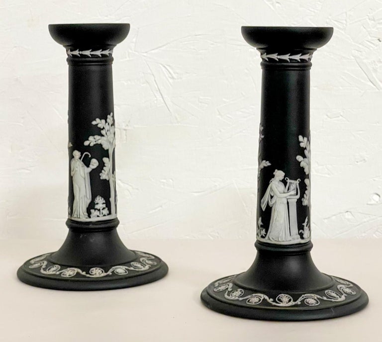 Wedgwood Style Neo-Classical English Black Basalt Pottery Candlesticks ...