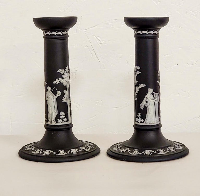 Wedgwood Style Neo-Classical English Black Basalt Pottery Candlesticks ...