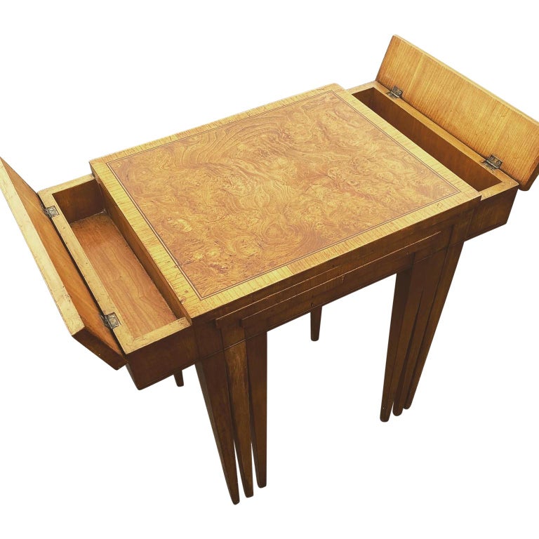 Burl Wood And Brass Inlaid Nesting Table With Top Compartment By Weiman ...