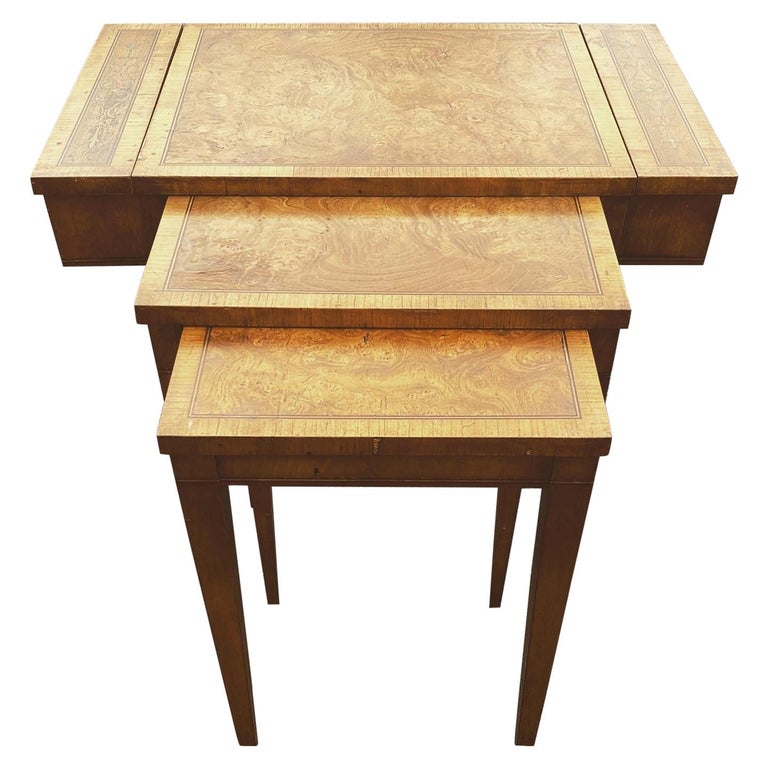 Burl Wood And Brass Inlaid Nesting Table With Top Compartment By Weiman ...