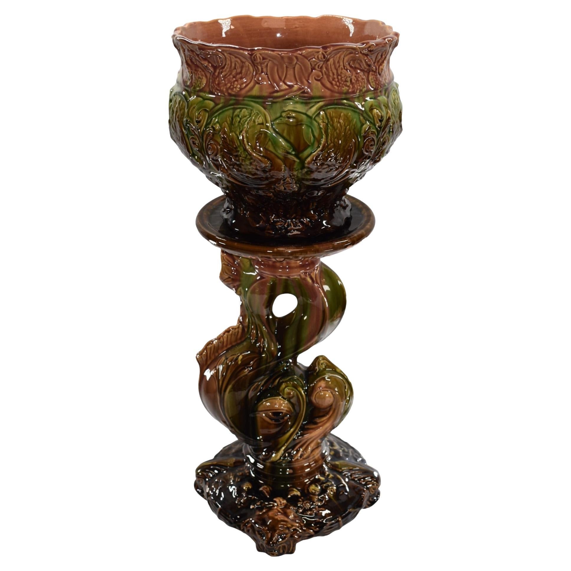 Weller Blended Majolica 1900s Pottery Swans Fish Lion Head Jardiniere ...