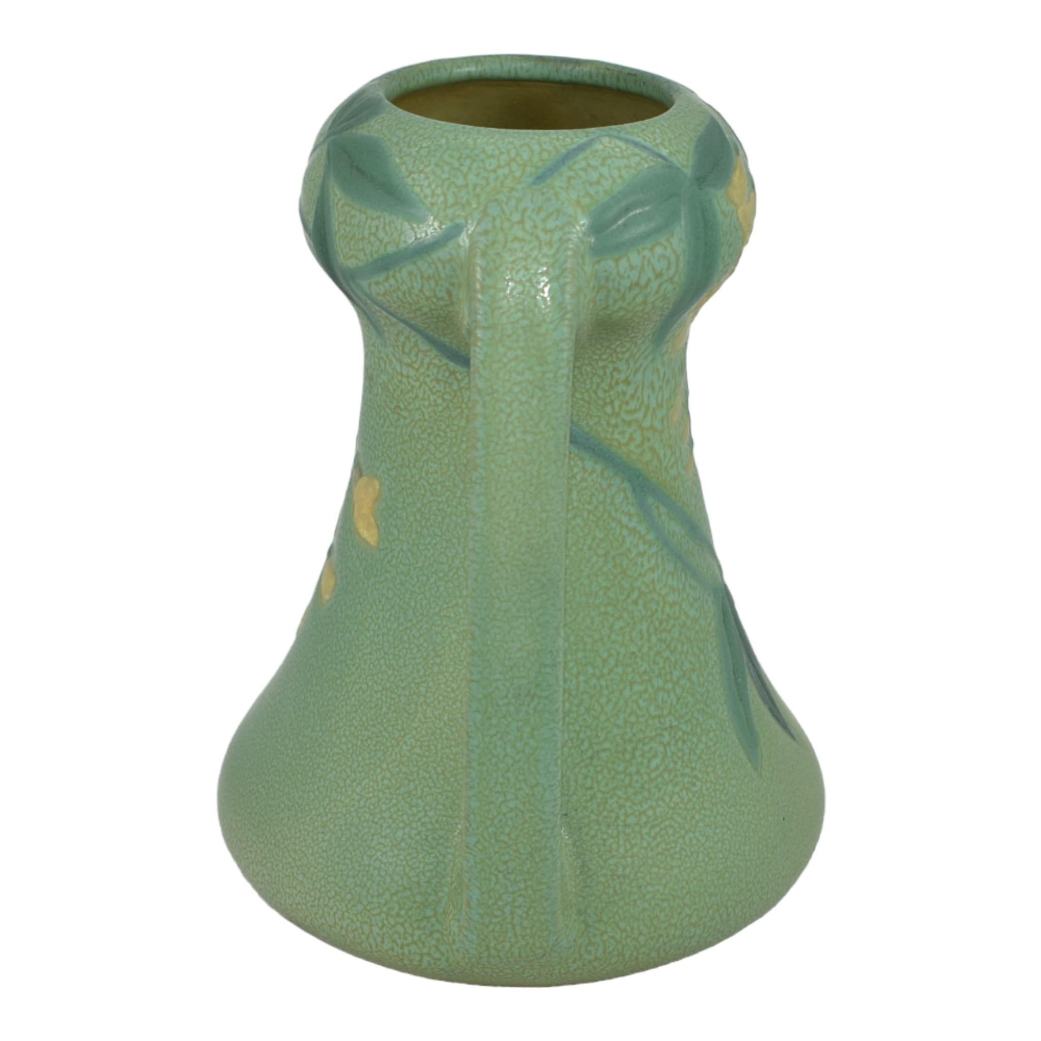 Weller Fru Russet 1905 Vintage Pottery Matte Green Yellow Floral Handled Vase For Sale at 1stDibs