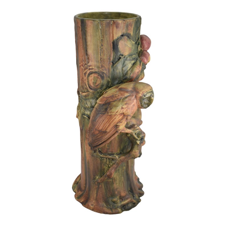 Weller Woodcraft 1920s Art Pottery Owl on a Branch of a Tree Tall Floor ...