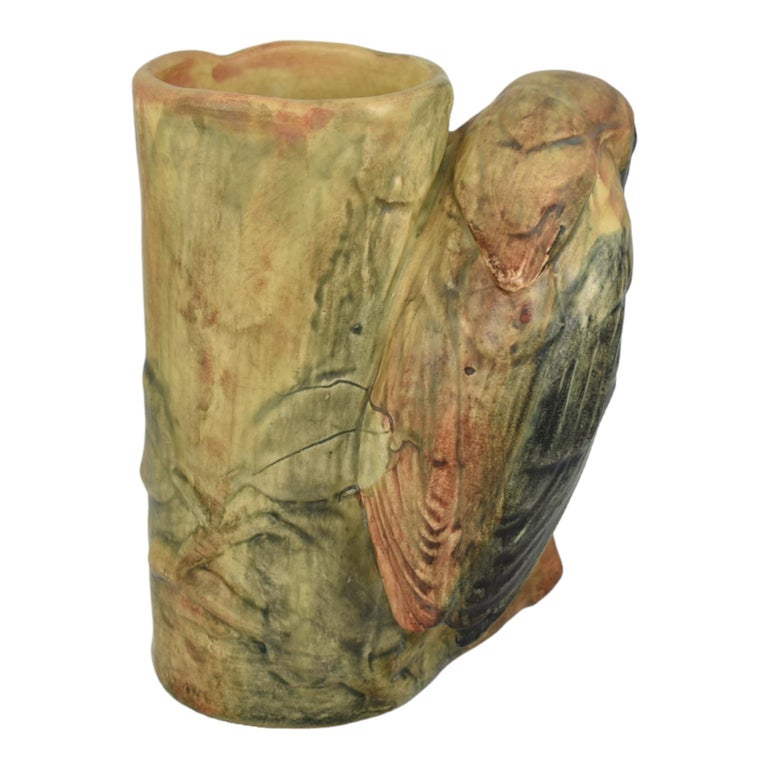Weller Woodcraft 1920s Vintage Art Pottery Owl on a Branch Tree Vase ...