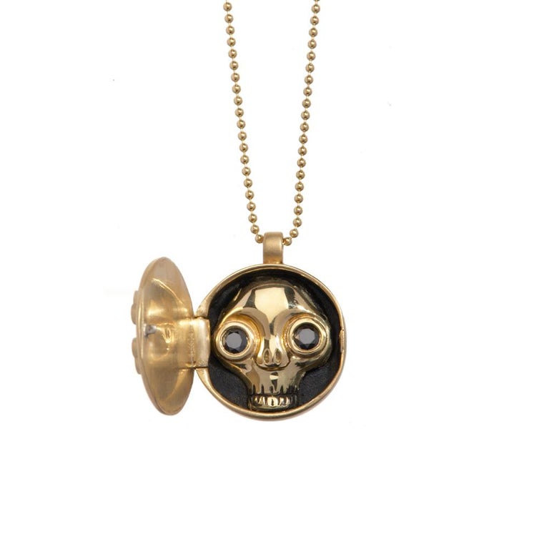 Wendy Brandes Memento Mori Skull 18K Gold Locket Necklace With Black ...