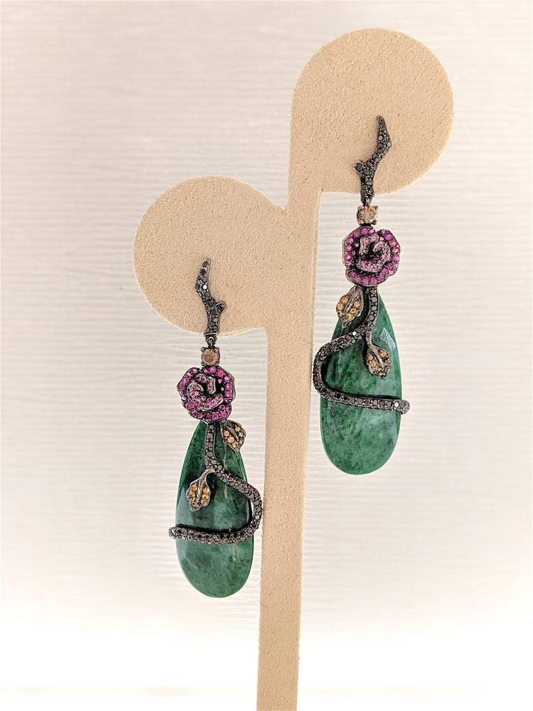 Wendy Yue 18 Karat Black Gold, Sapphire Roses and Green Jade Drop ...