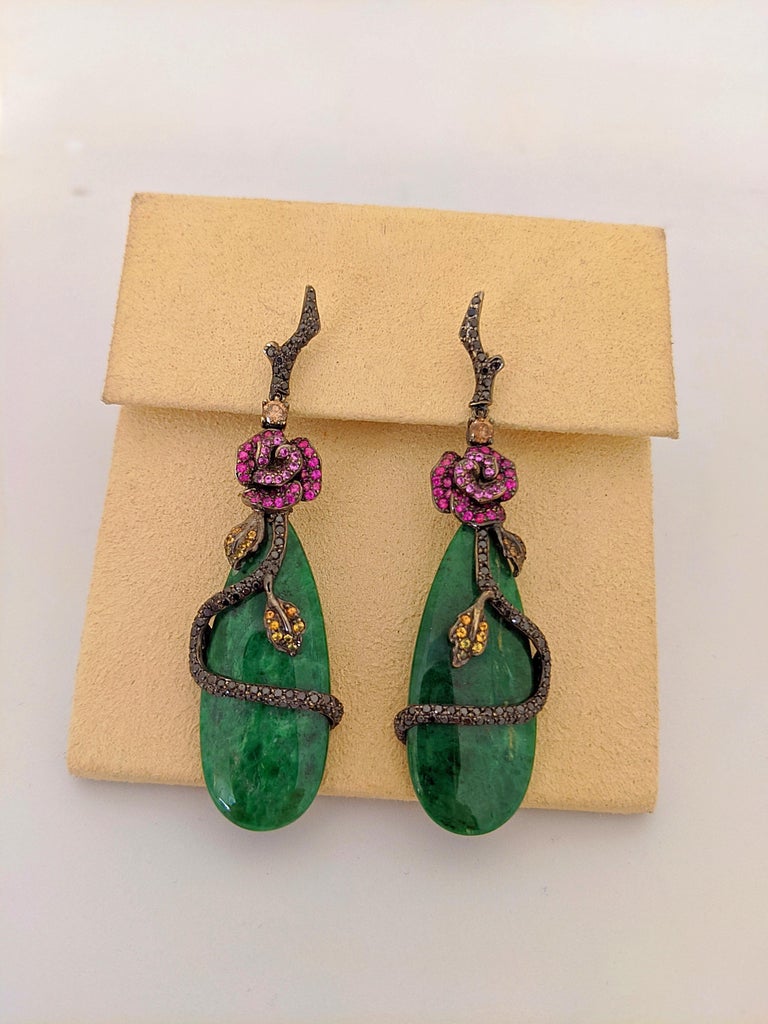 Wendy Yue 18 Karat Black Gold, Sapphire Roses and Green Jade Drop ...