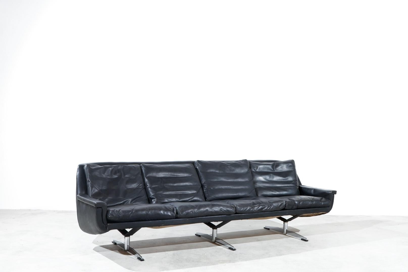 Werner Langenfeld Model 802 Black Leather Sofa Mid Century For Sale at ...