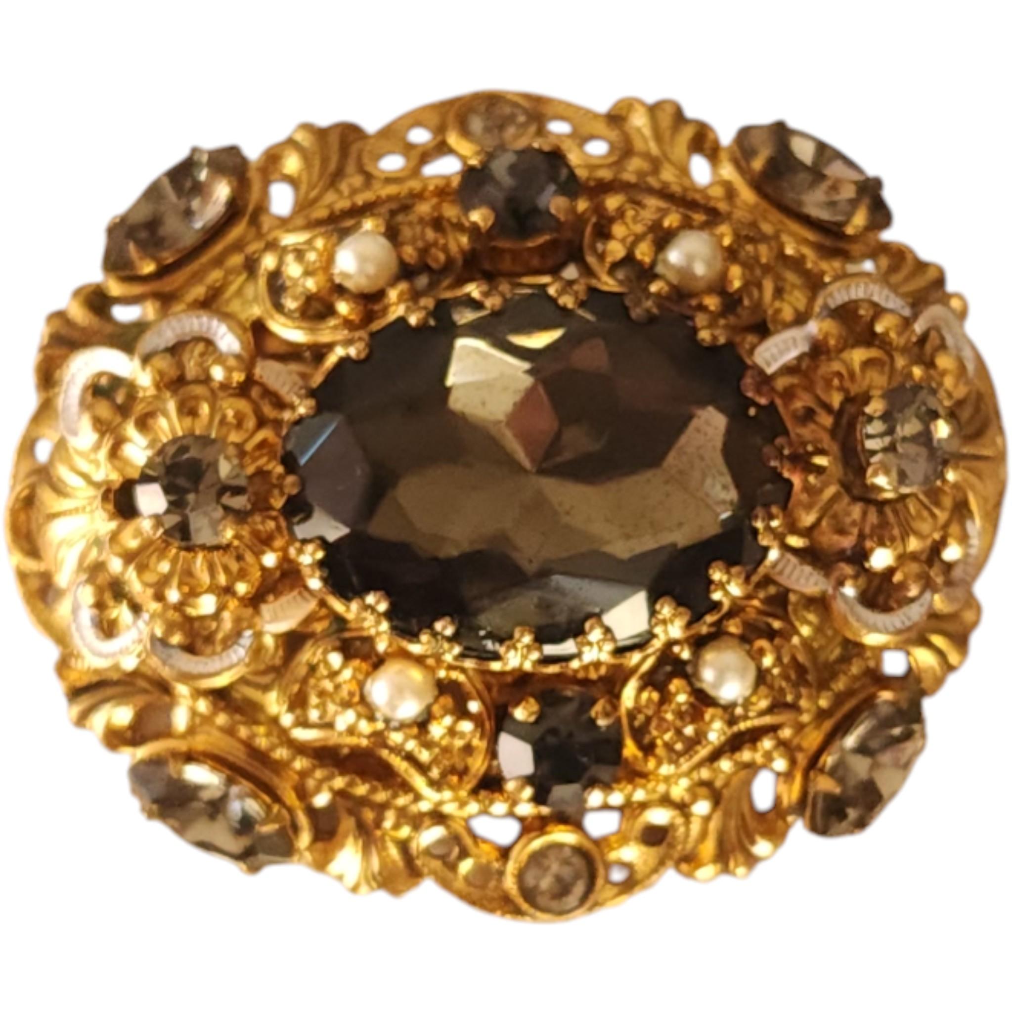Western Germany Smoky Rhinestone and Faux Pearl Filigree Brooch, 1950s ...