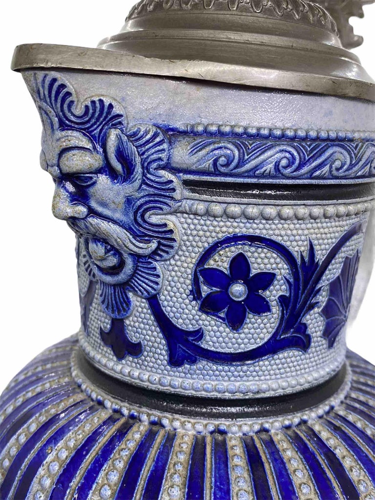 Westerwald Salt Glazed Pottery Beer Ewer Pitcher with Lid, German ...
