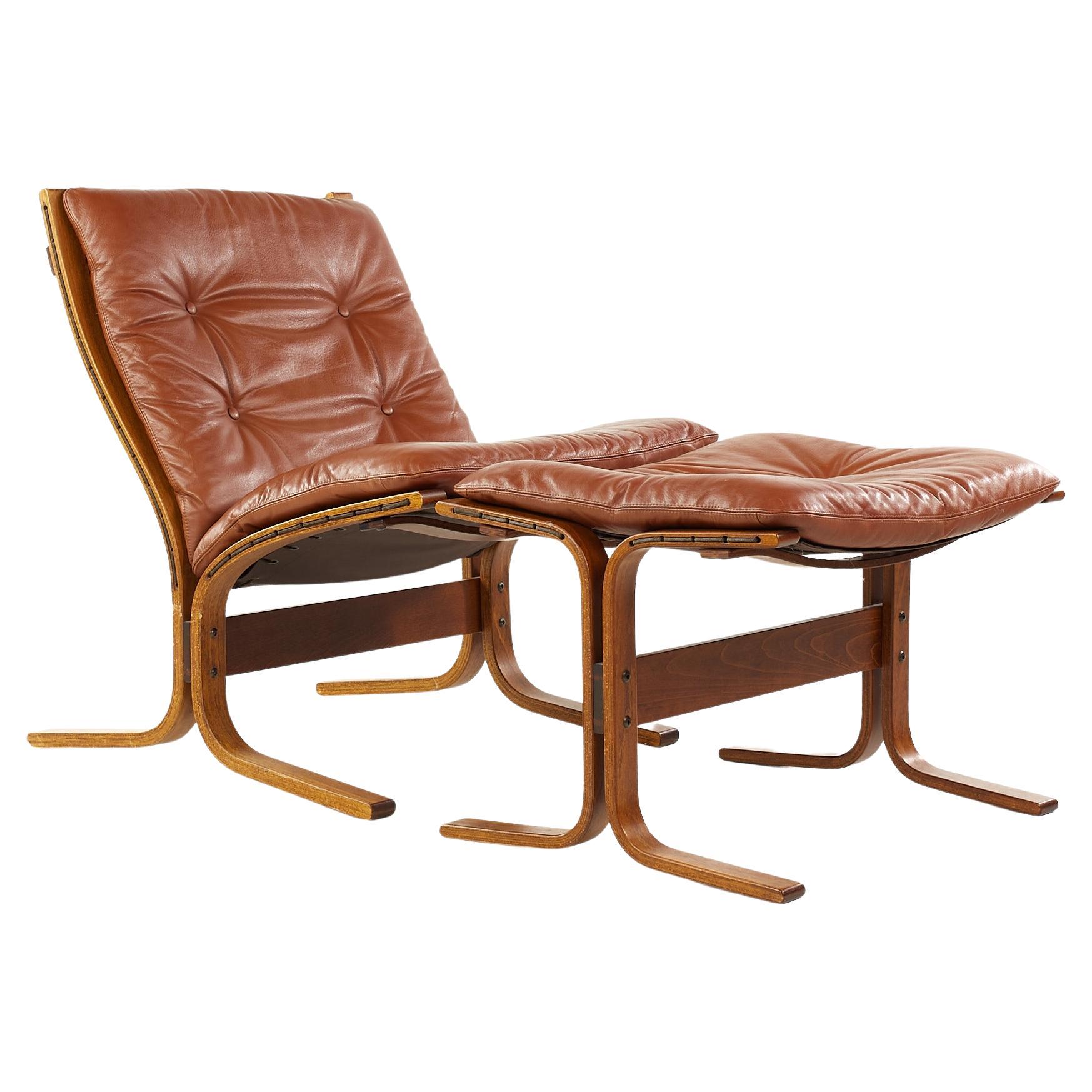 Rosewood Framed Leather Siesta Chair and Stool For Sale at 1stDibs