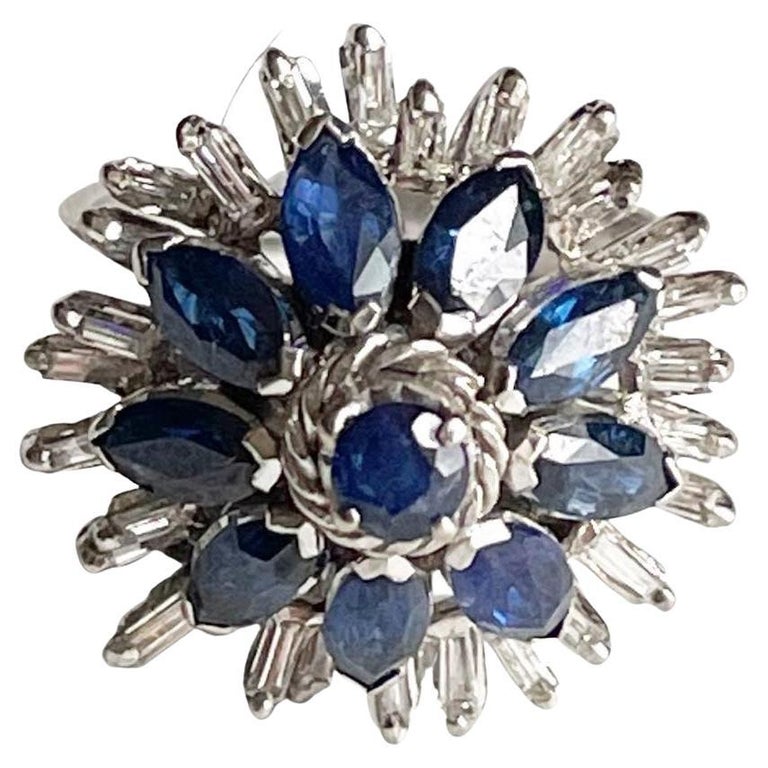 Whimsical 18k White Gold Deep Blue and Diamond Baguette Ballerina ...