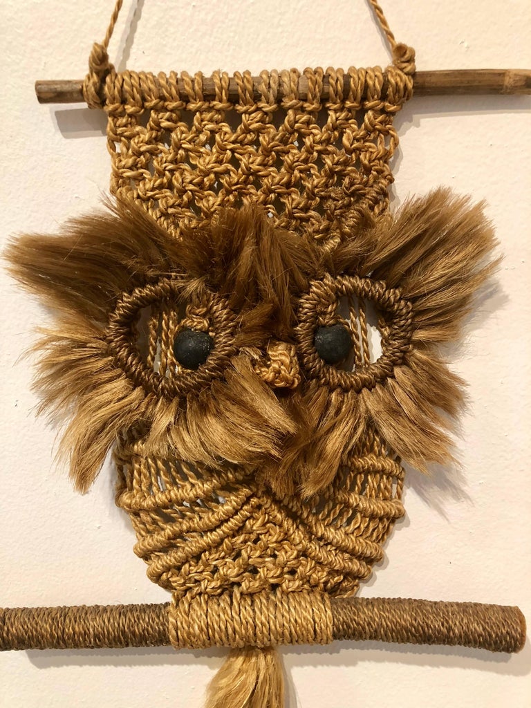 Whimsical 1970s Macrame Hippie Style Wall Hanging Owl at 1stDibs