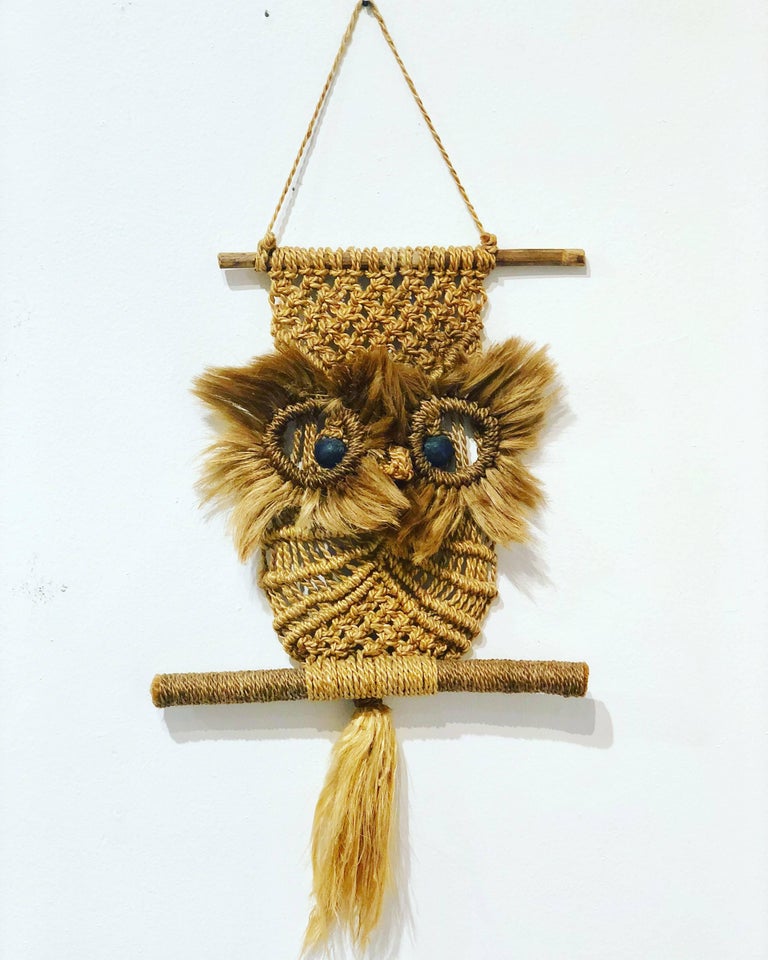 Whimsical 1970s Macrame Hippie Style Wall Hanging Owl at 1stDibs