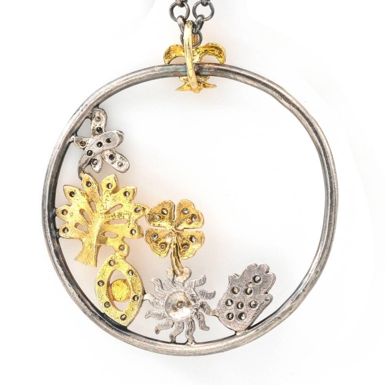 Diamond Gold Disc Pendant Whimsical Sterling OX Chain For Sale at 1stDibs