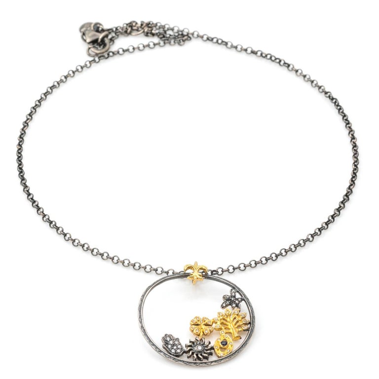 Diamond Gold Disc Pendant Whimsical Sterling OX Chain For Sale at 1stDibs