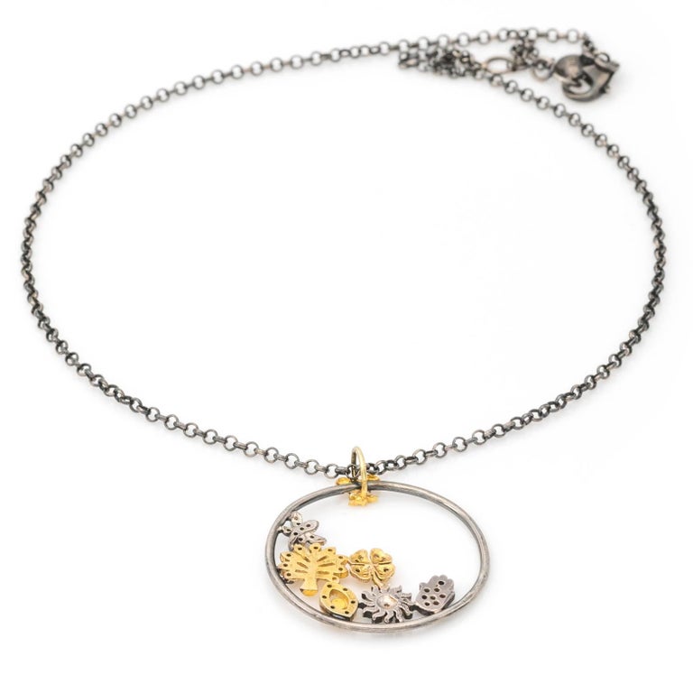 Diamond Gold Disc Pendant Whimsical Sterling OX Chain For Sale at 1stDibs