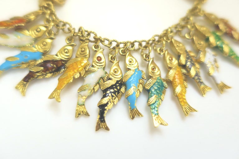Whimsical Gold and Enamel Fish Charm Bracelet at 1stDibs