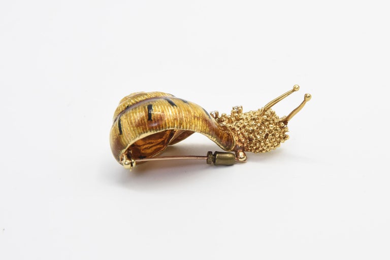Whimsical Large Enamel and Diamond Yellow Gold Snail Brooch For Sale at ...