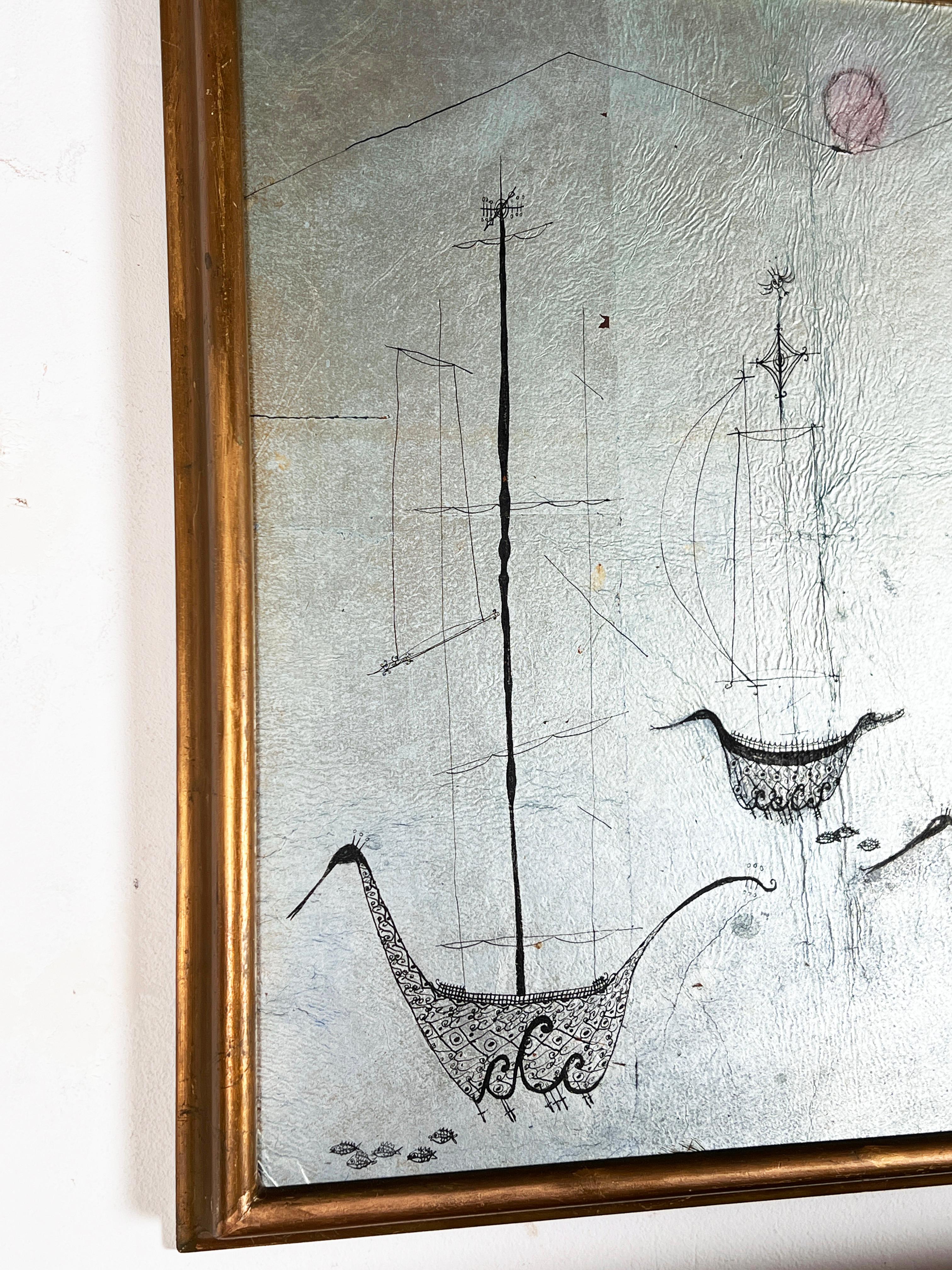 Whimsical Modernist Beat Era Painting on Silver Leaf By Iris Brody, C ...