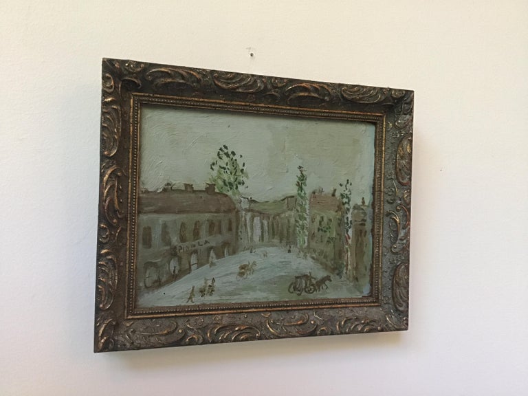 Whimsical Oil on Board of European Town Signed Spinola For Sale at 1stDibs