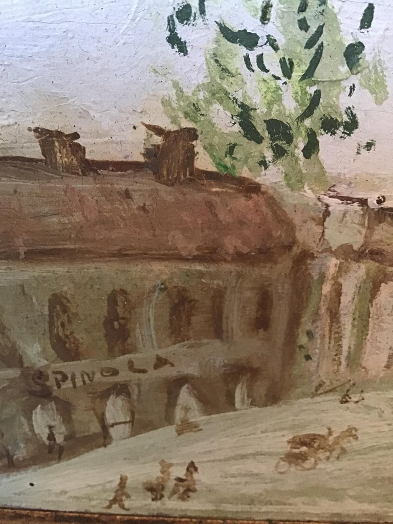 Whimsical Oil on Board of European Town Signed Spinola For Sale at 1stDibs