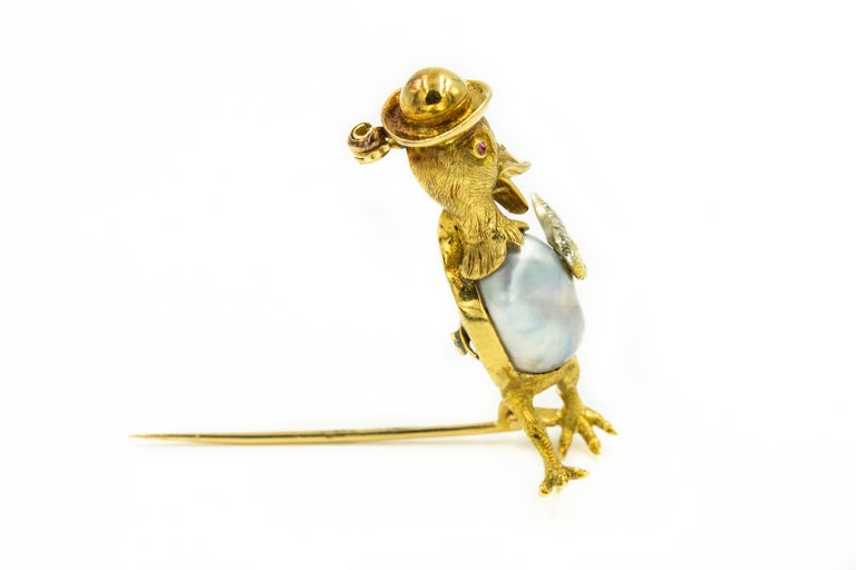 Whimsical Talking Walking Duck Bird Diamond Ruby Pearl Gold Brooch Pin ...