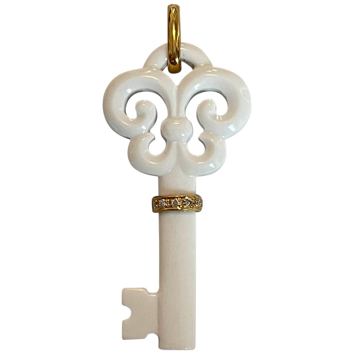 White Agate Fluer De Lis Key Pendant w/ 18k and Diamonds at 1stDibs