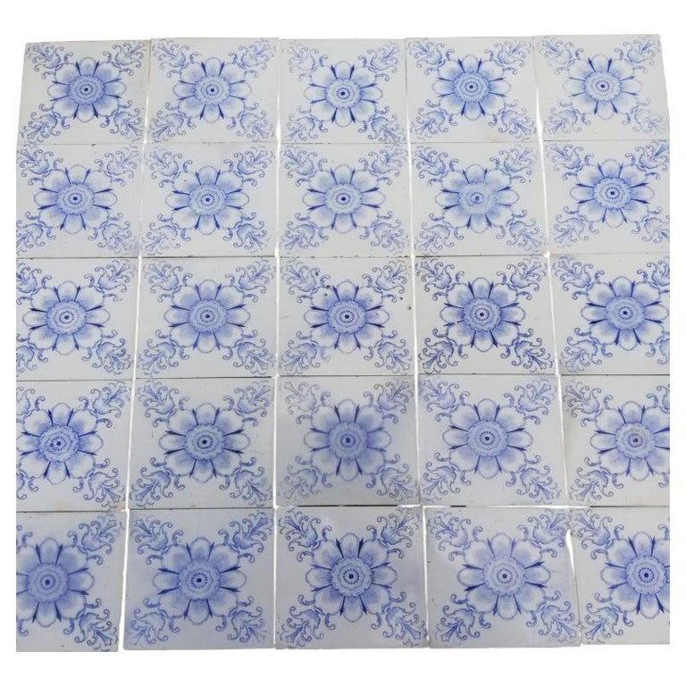 White and Blue Flower Art Deco Glazed Tiles by Le Glaive, 1920 For Sale ...