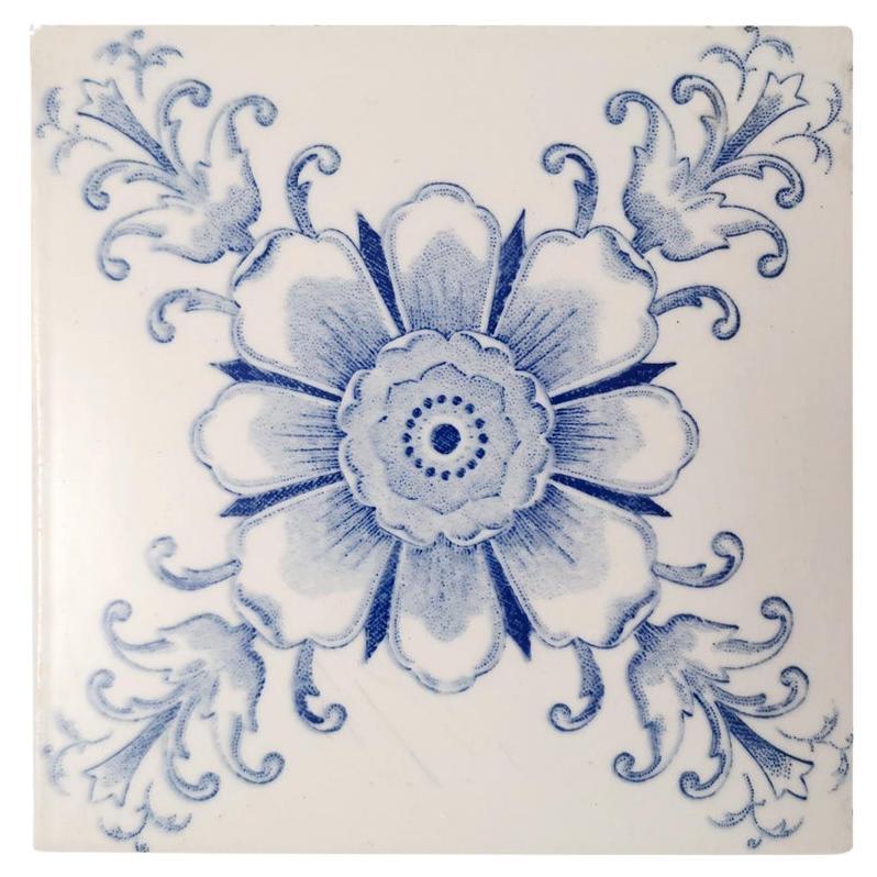 White and Blue Flower Art Deco Glazed Tiles by Le Glaive, 1920 For Sale ...