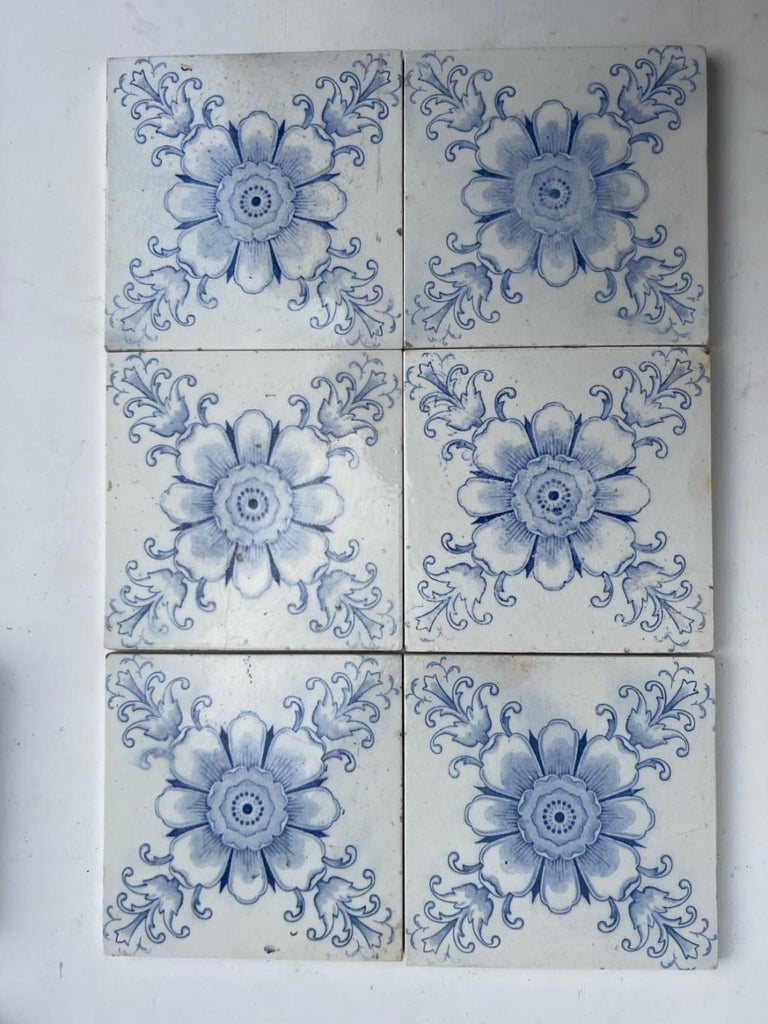 White and Blue Flower Art Deco Glazed Tiles by Le Glaive, Belgium For ...