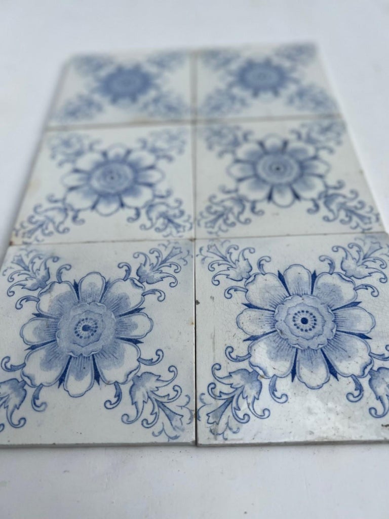 White and Blue Flower Art Deco Glazed Tiles by Le Glaive, Belgium For ...