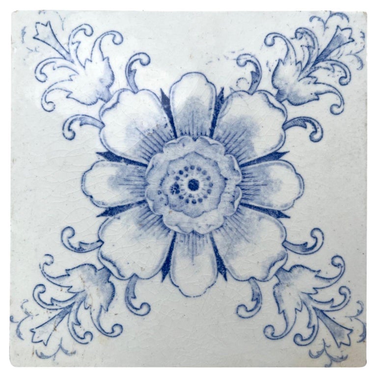 White and Blue Flower Art Deco Glazed Tiles by Le Glaive, Belgium For ...