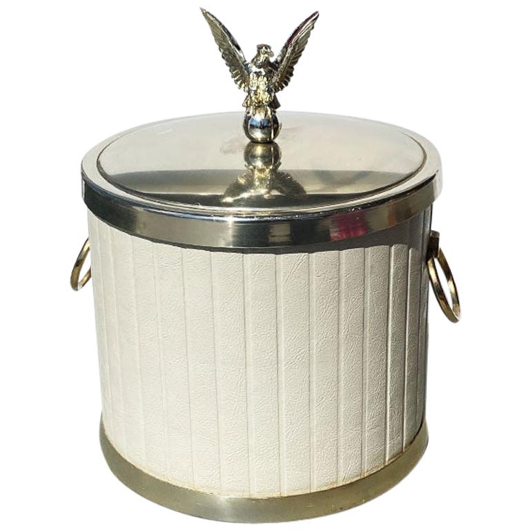 White and Brass Channel Upholstered Eagle Ice Bucket with Eagle Handle ...