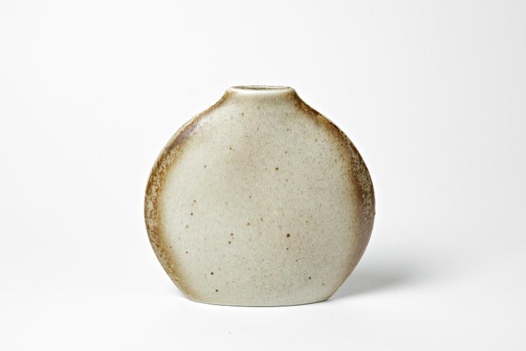 White and Brown Circular Ceramic Vase by Yves Mohy for Virebent 1970 ...