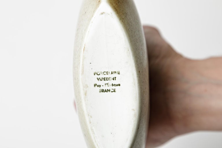 White and Brown Circular Ceramic Vase by Yves Mohy for Virebent 1970 ...