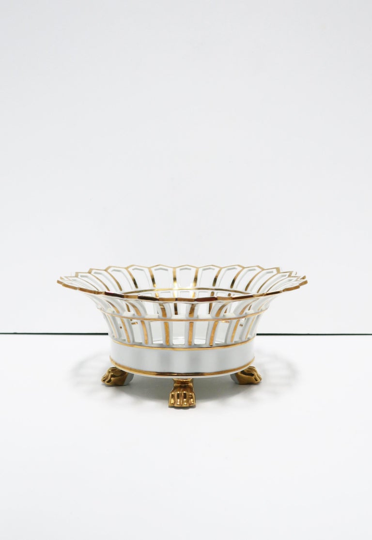 French White and Gold Pierced Porcelain Compote Basket Centerpiece Bowl ...