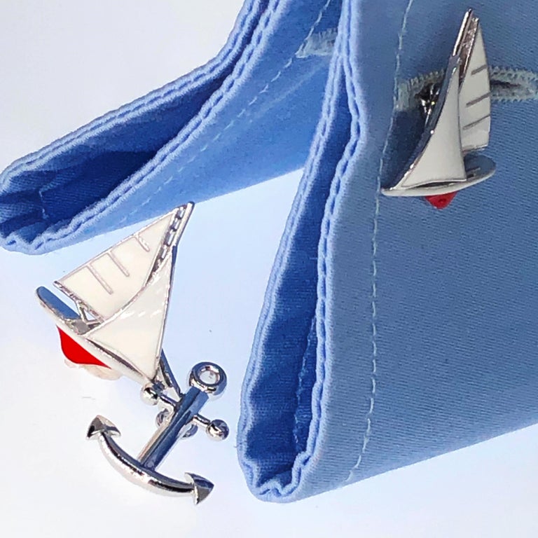Berca White Red Sailing Boat Shaped Little Anchor Back Sterling Silver ...