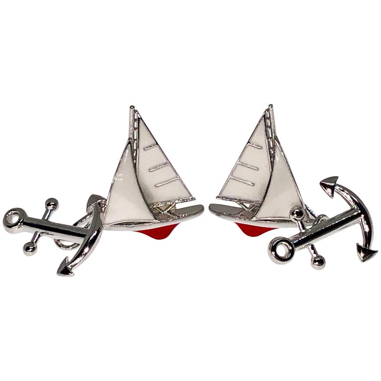 Berca White Red Sailing Boat Shaped Little Anchor Back Sterling Silver ...