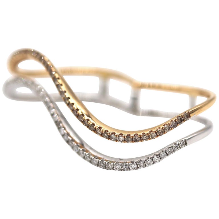 White and Rose Gold Two Finger Diamond Twisted Swirl Ring For Sale at ...