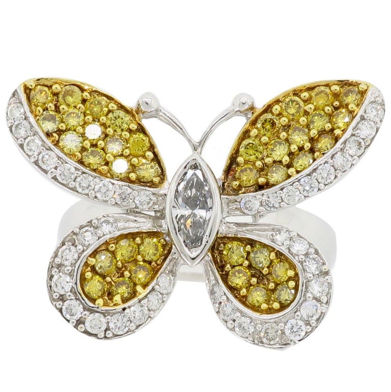 White and Yellow Diamond Butterfly Ring in 18 Karat Gold at 1stDibs