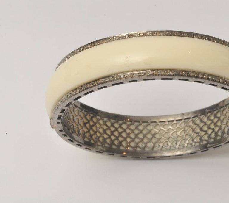 White Bakelite Bangle Bordered with Diamonds at 1stDibs