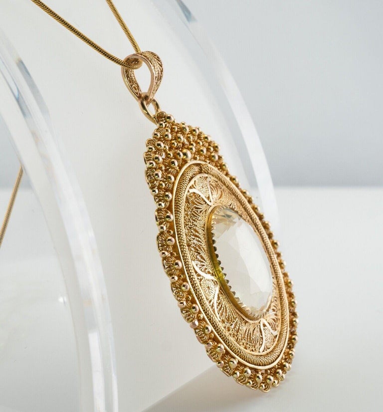 White Beryl Large Pendant 14K Gold Vintage For Sale at 1stDibs