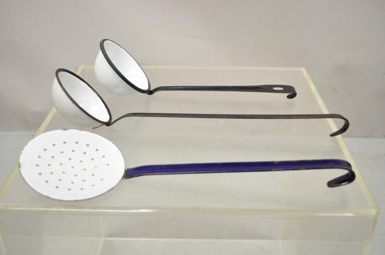 White Black Blue Porcelain Enamel French County Water Dipper Ladles, 3 ...