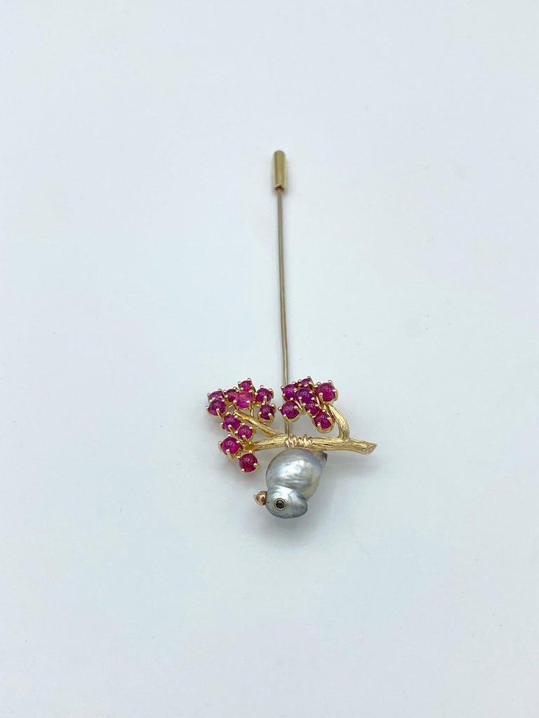 White Black Diamond Ruby 18kt Gold Keshi Tahitian Pearl Pin Stick ...