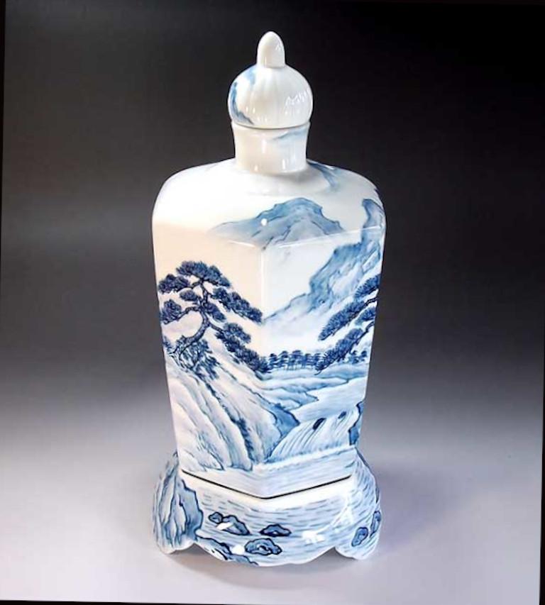White Blue Ceramic Vase by Japanese Master Artist For Sale at 1stDibs