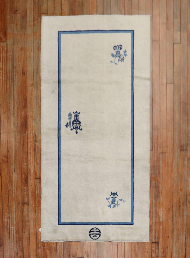 White Blue Color Early 20th Century Antique Chinese Oriental Rug For ...