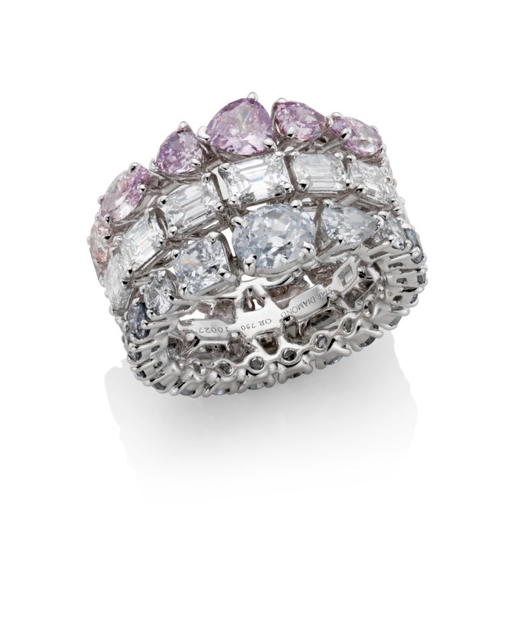 White, Blue and Pink Diamond Ring Set in 18K White Gold For Sale at 1stDibs