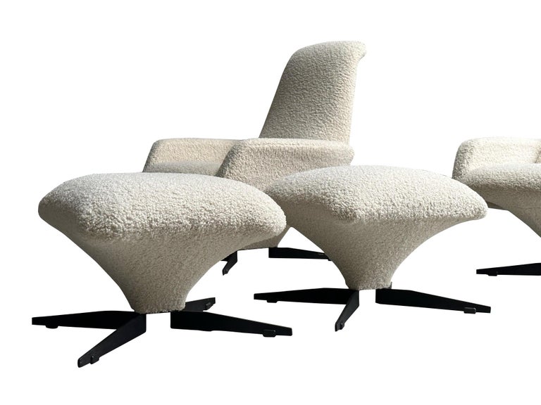White Bouclé Upholstered Pair Chairs with Ottomans, Italy, 1960s For ...
